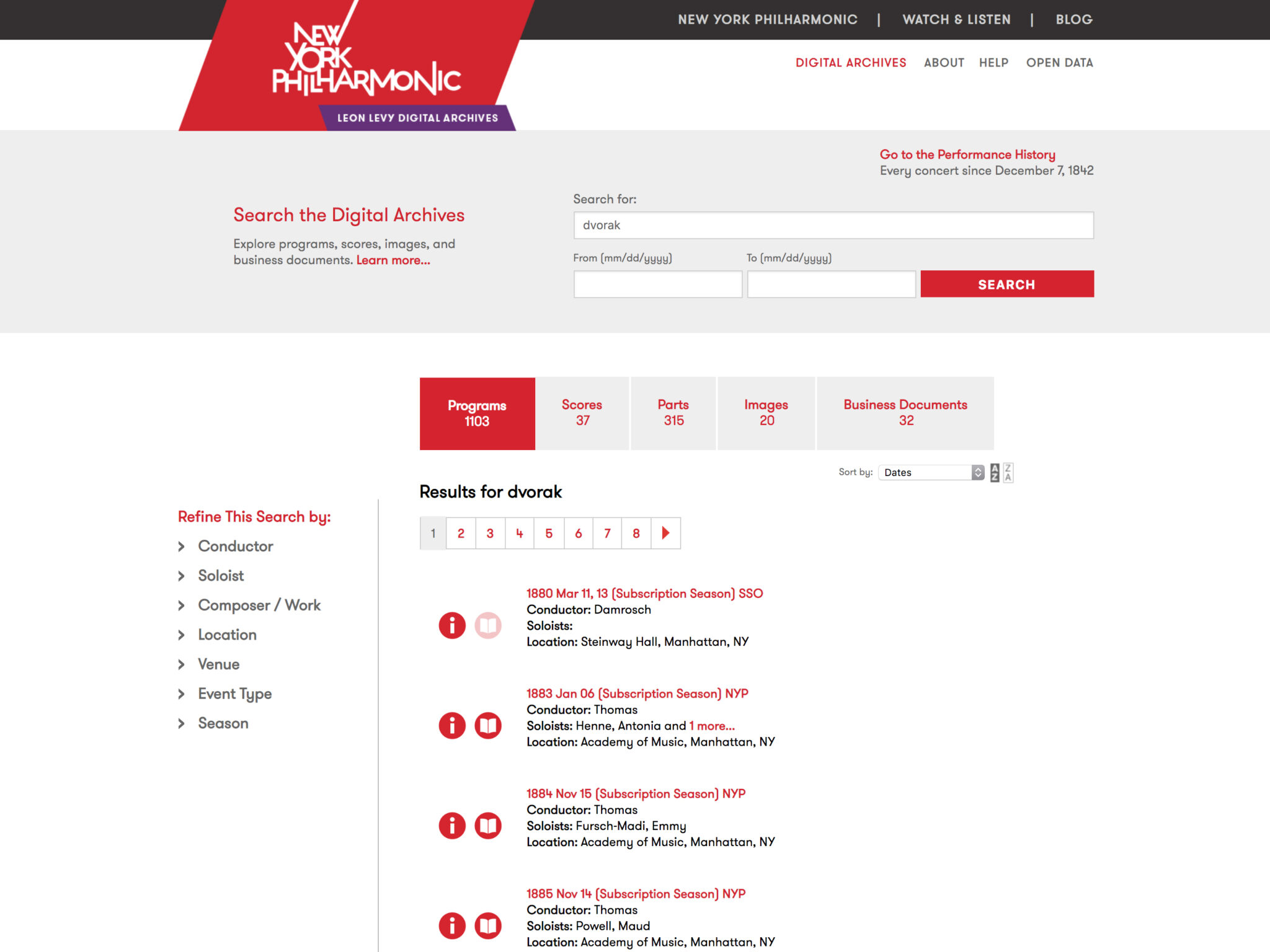 Archives.NYPhil.org website – Design by Imaginary Office